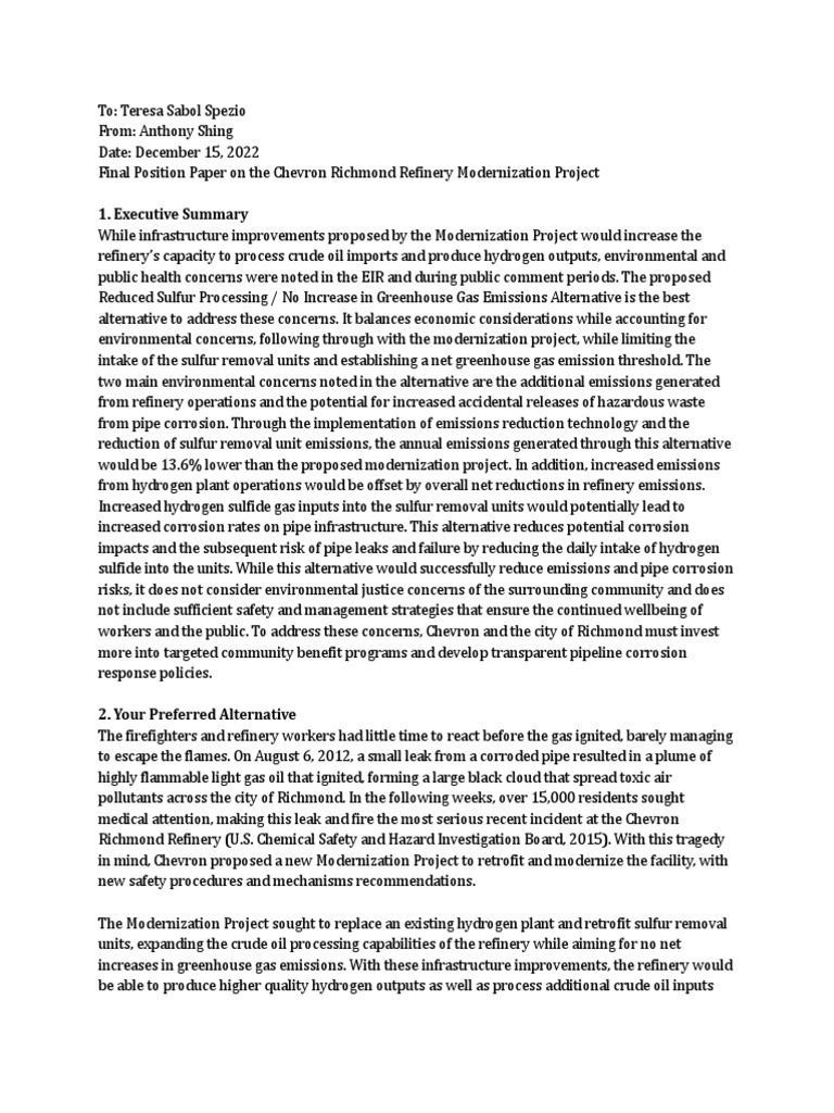 Final Position Paper On The Chevron Richmond Refinery Modernization ...