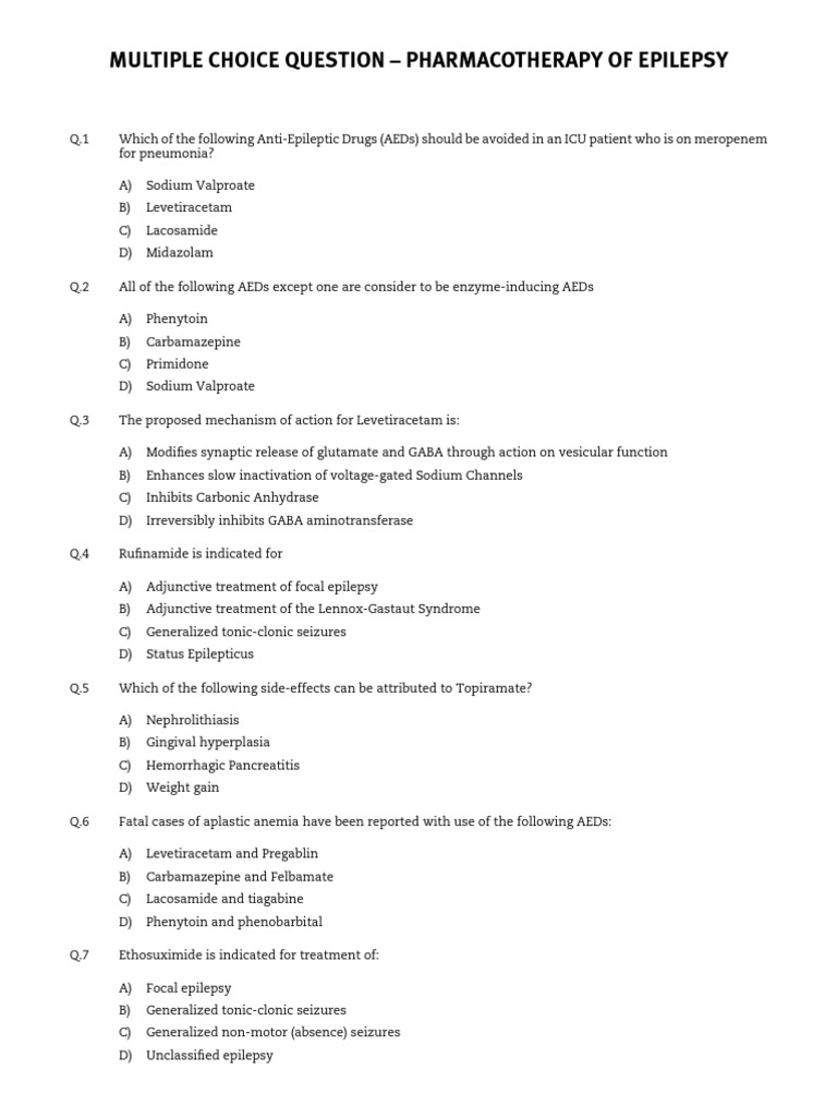 Epilepsy Pharmacotherapy Quiz | PDF | Epilepsy | Disorders Causing Seizures