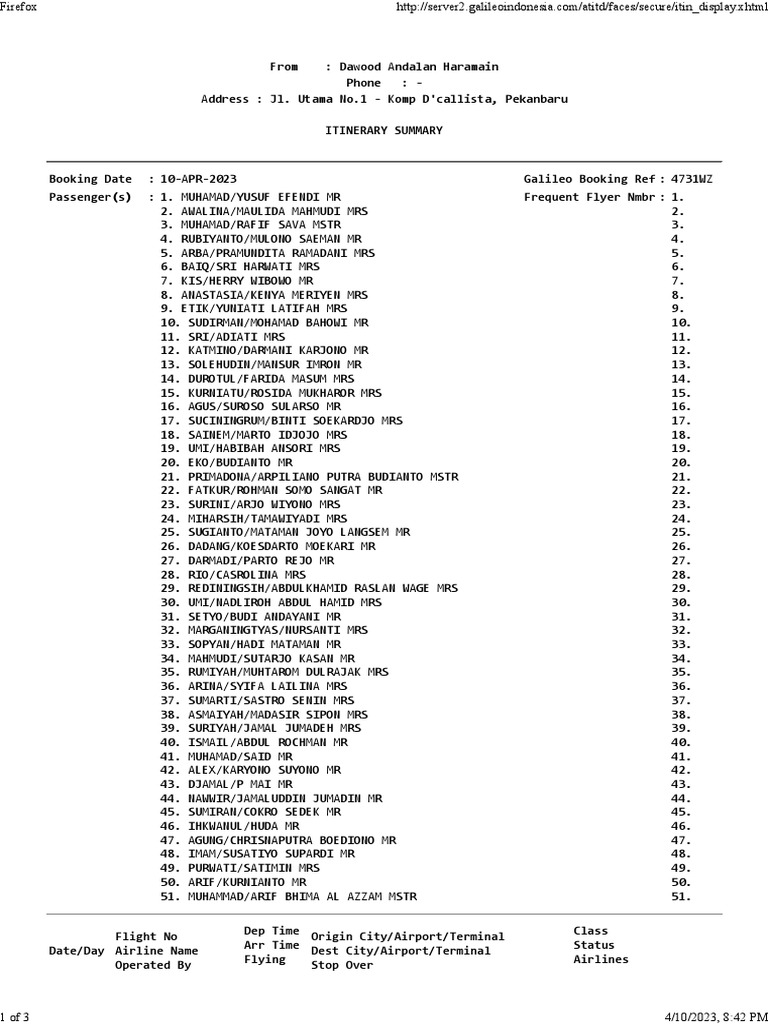 MH857 Itinerary for Setyo Sularso | PDF | Transport Economics | Aviation