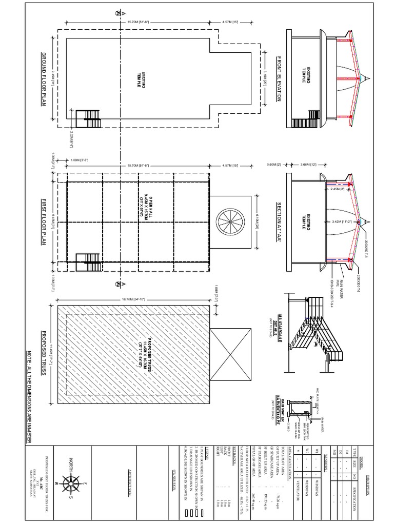 Front Elevation and Section Drawing of a Temple with Dimensions and ...