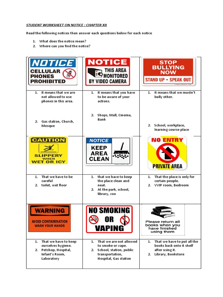 Student Worksheet On Notice | PDF