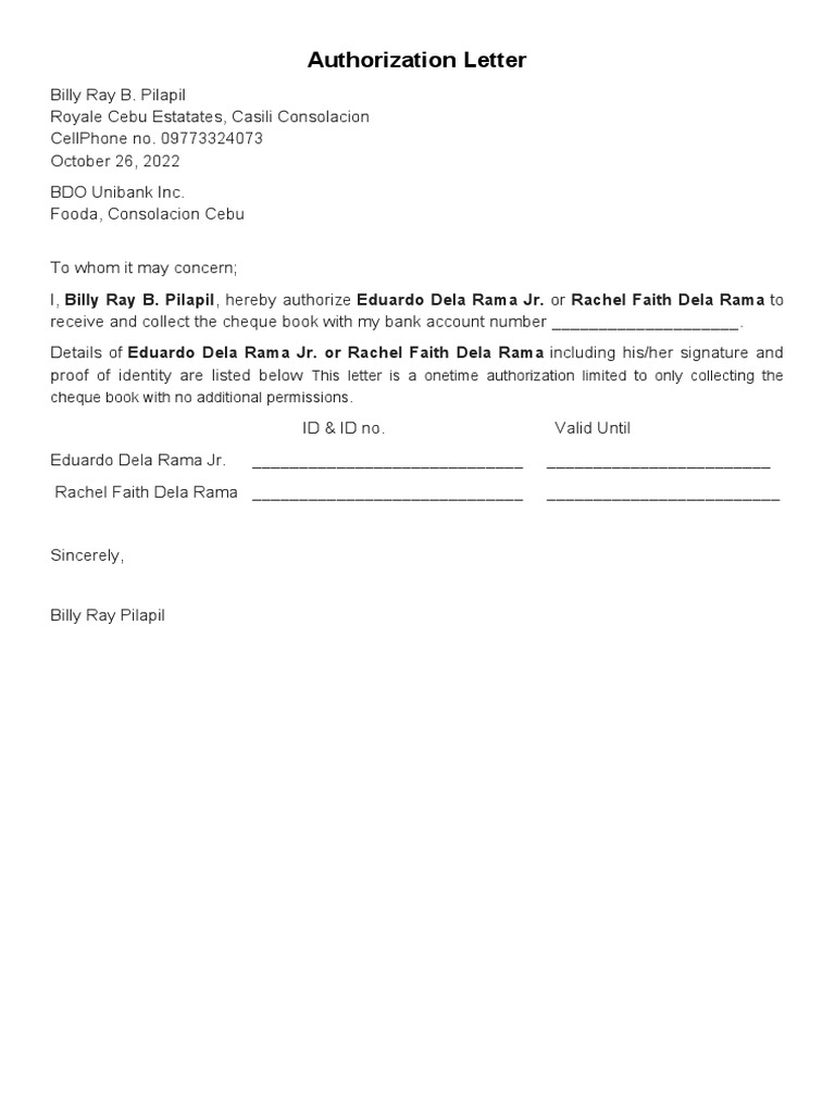 Authorization Letter - Docx BDO Check | PDF