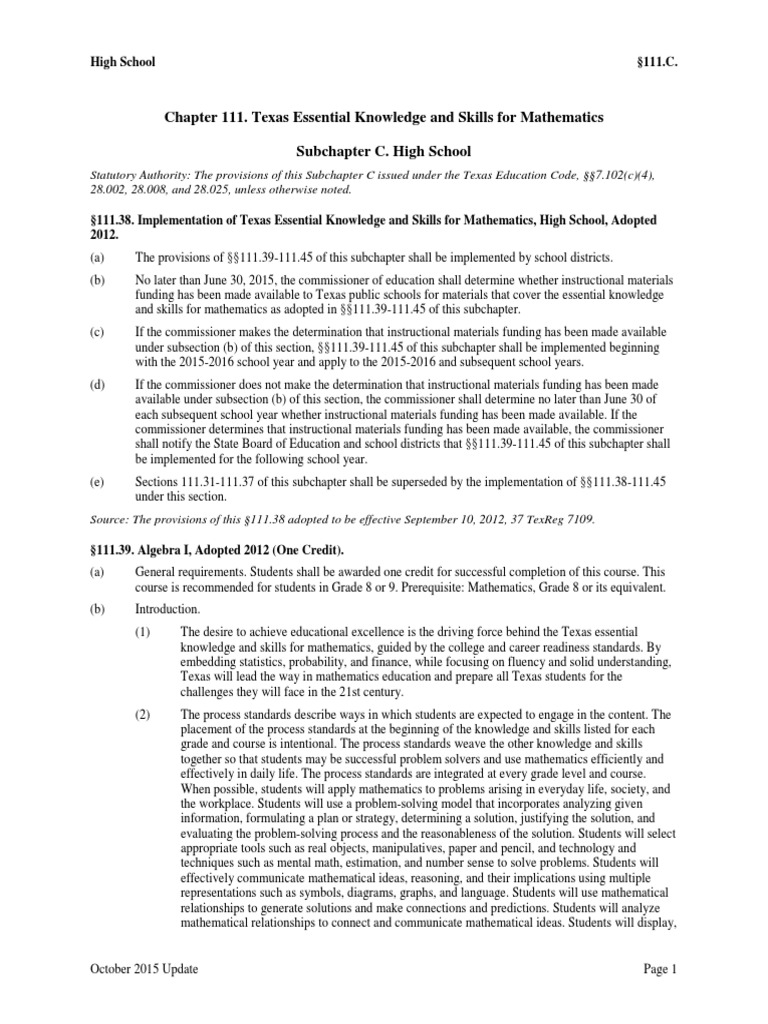 Chapter 111. Texas Essential Knowledge and Skills For Mathematics ...