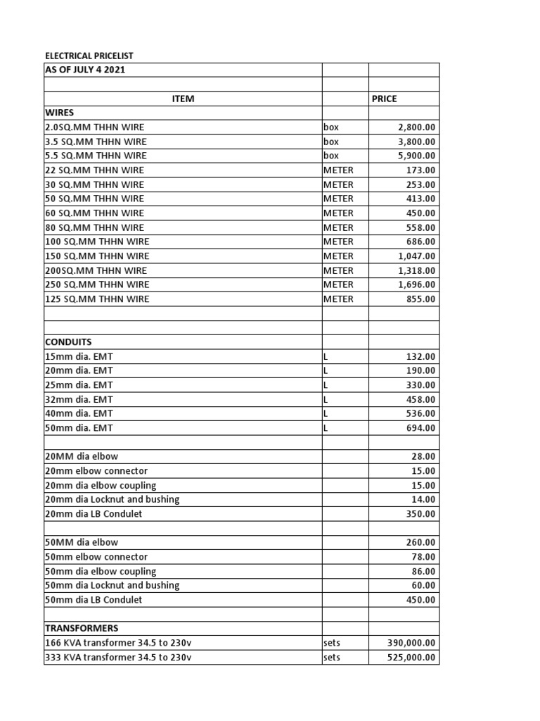 Electrical Pricelist | PDF
