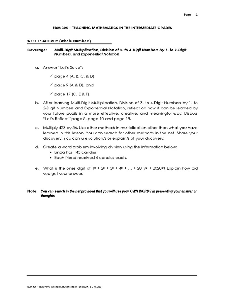 Activity 1 Whole Numbers | PDF