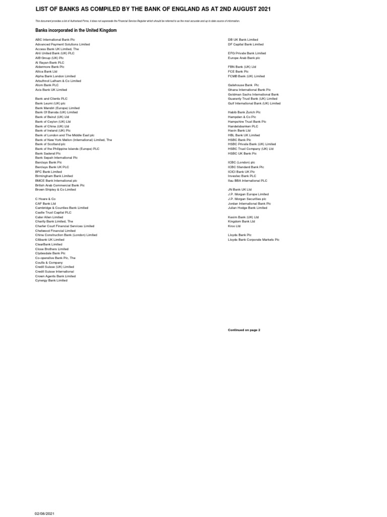 UK Banks List by Bank of England 2021 | PDF