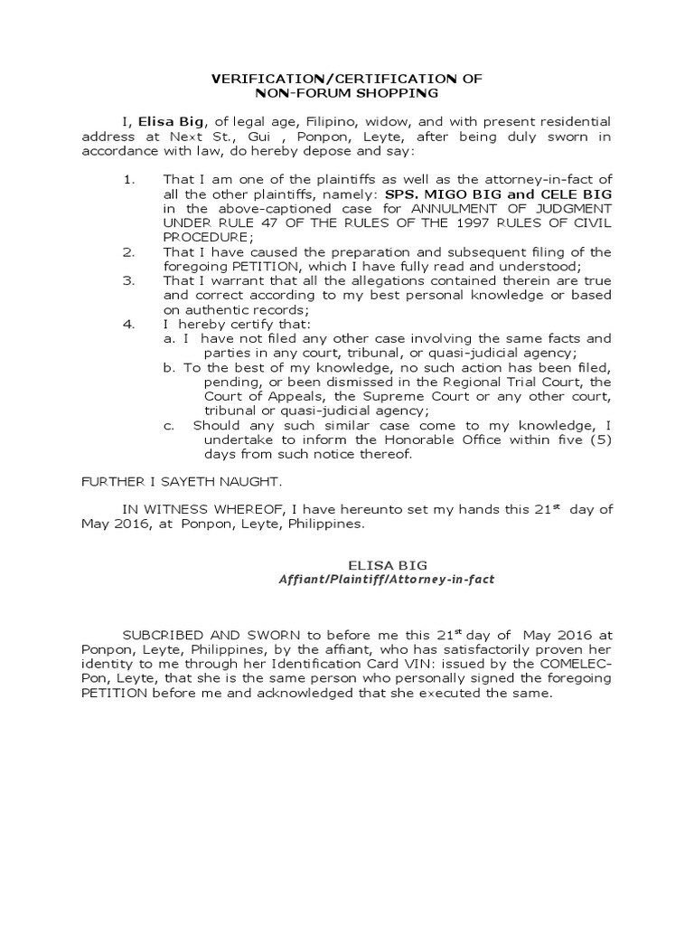 VERIFICATION - Annulmentof Judgment - Sample | PDF