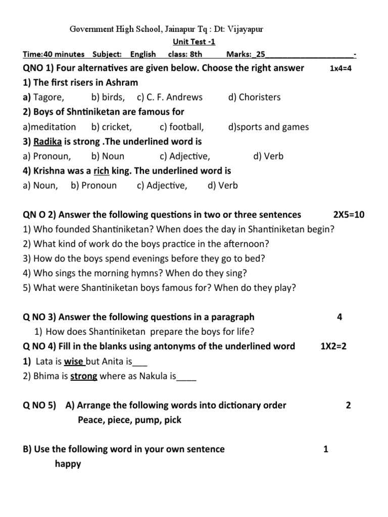 8th STD English All Unit Test Question Paper 2019-20 by Mahantesh ...