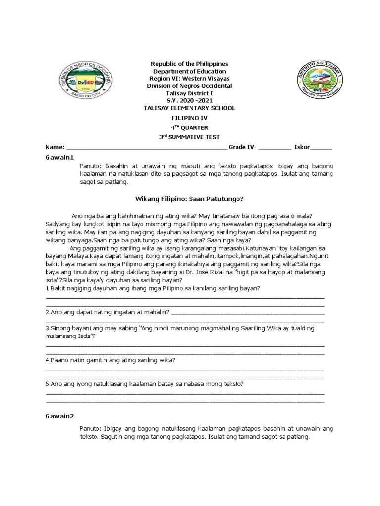 Filipino 4q Summative Test 3 | PDF Filipino 4q Summative Test 3 | PDF