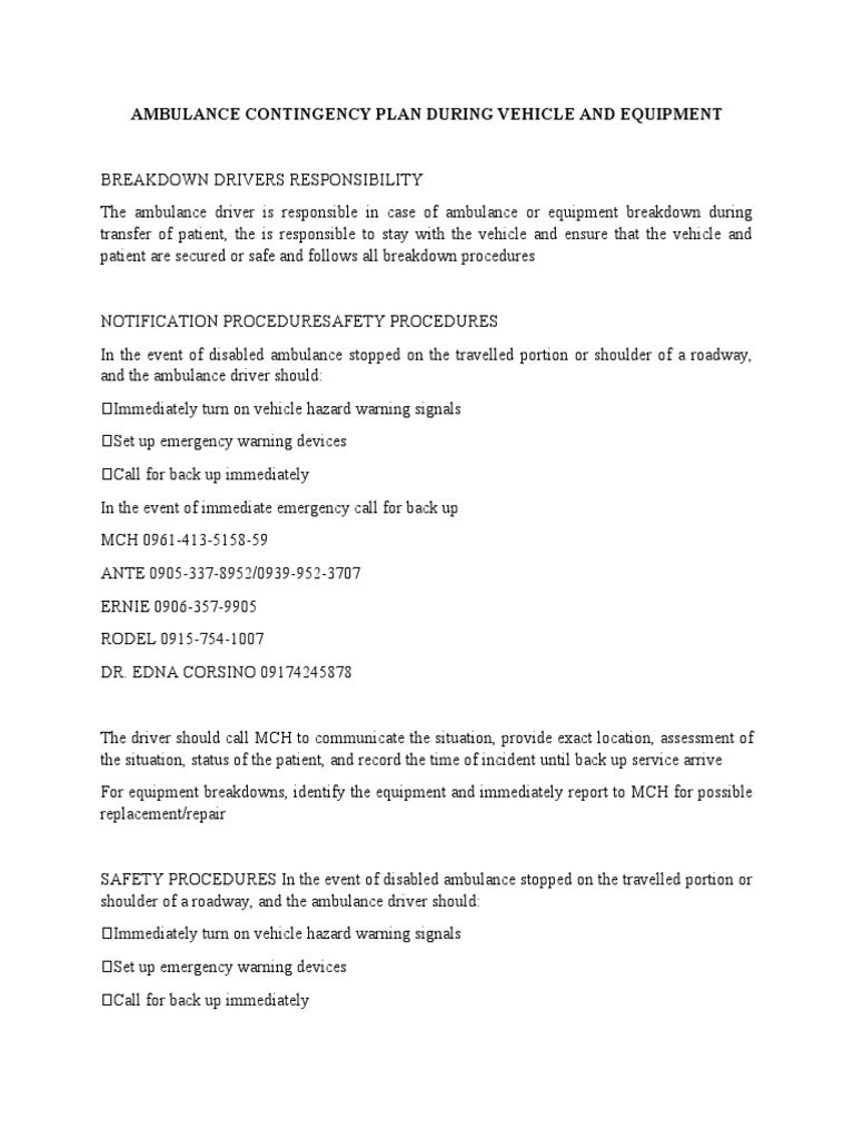 Ambulance Contingency Plan: Driver Responsibilities and Notification ...
