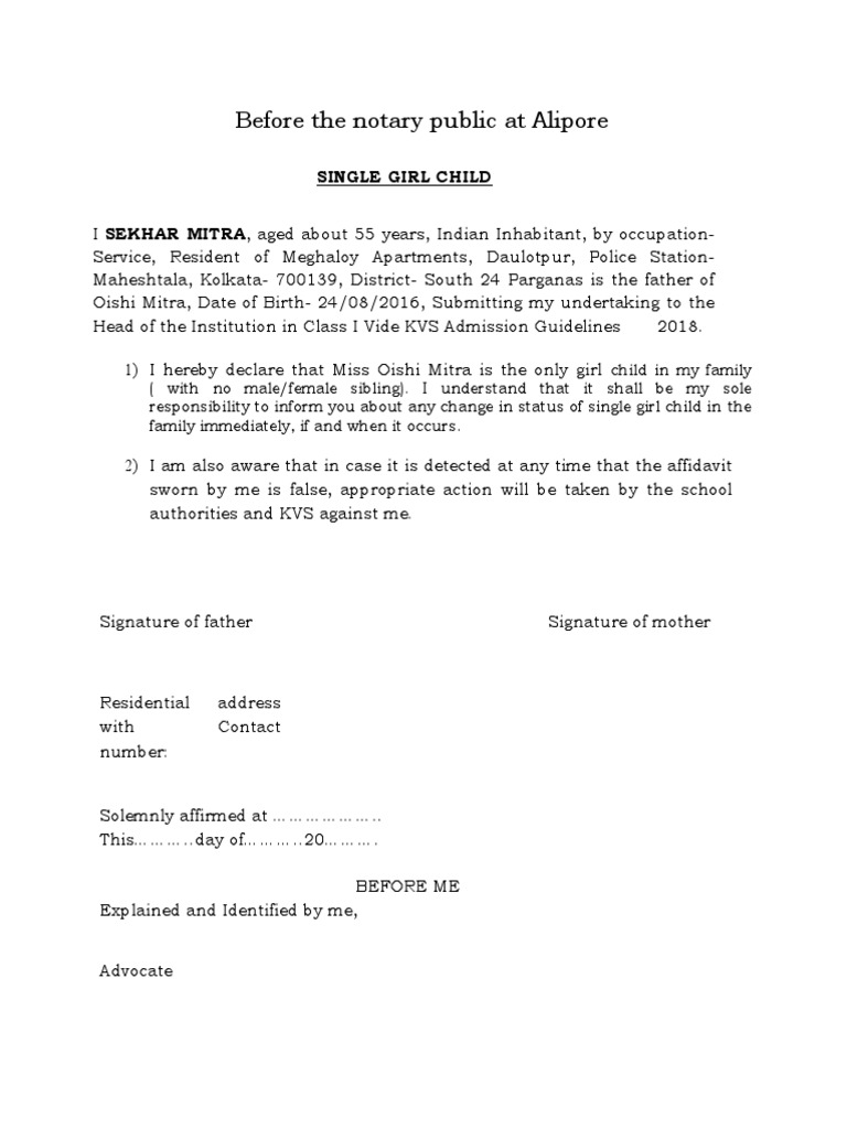 Affidavit Format Single Girl Child | PDF
