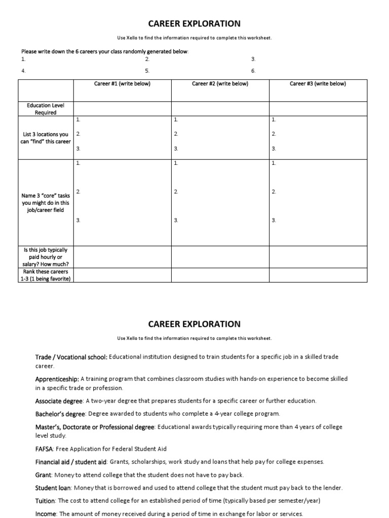 Career Exploration Worksheet - Corrected Fields | PDF | Student ...