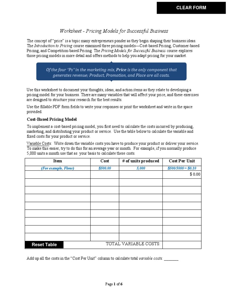 Pricing Models Worksheet for Businesses | PDF | Pricing | Market ...