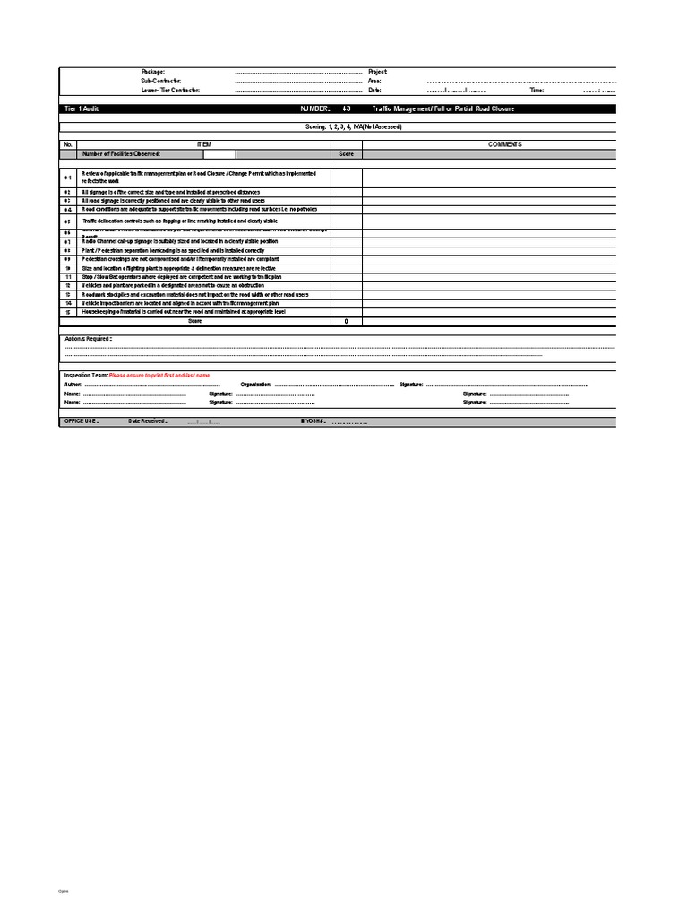 Traffic Management Audit Form | PDF | Road | Traffic