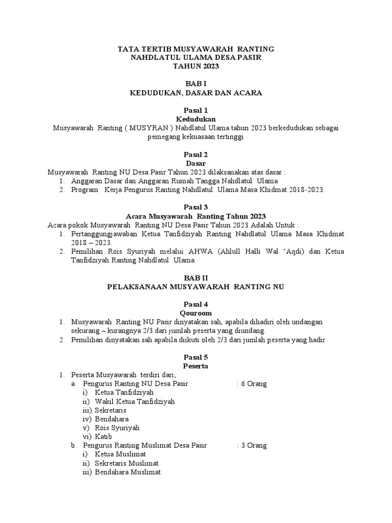 Tata Tertib Musyawarah Ranting Nahdlatul Ulama Desa Pasir | PDF Tata Tertib Musyawarah Ranting Nahdlatul Ulama Desa Pasir | PDF