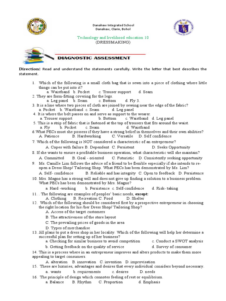 Diagnostic Test in Dressmaking Grade 10 | PDF | Seam (Sewing) | Sewing