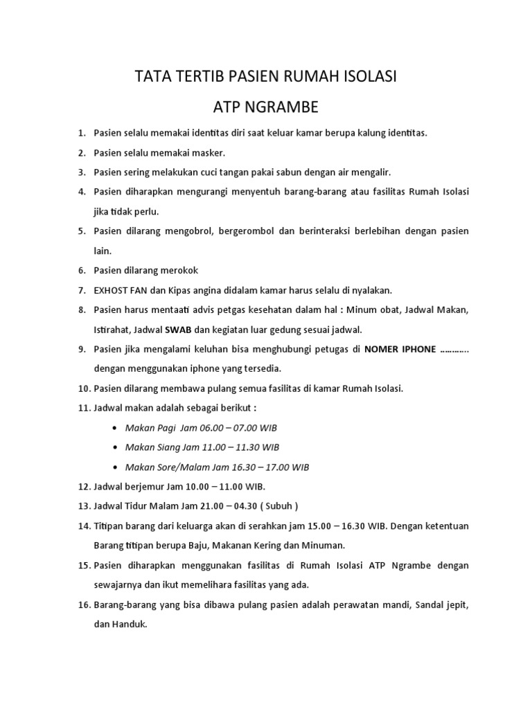 PROTOCOLS FOR PATIENTS AT THE ATP NGRAMBE ISOLATION HOUSE | PDF