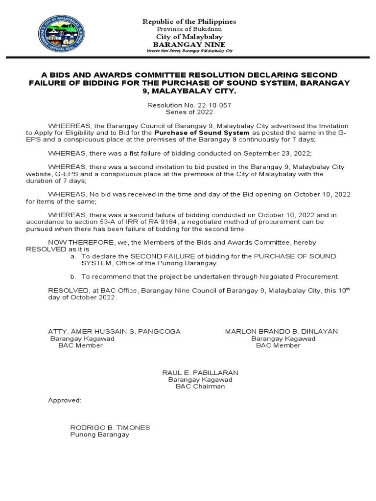 RESOLUTION NO. 2022-10-057 BAC-RESOLUTION-FAILURE-TO-BID-sound-system | PDF