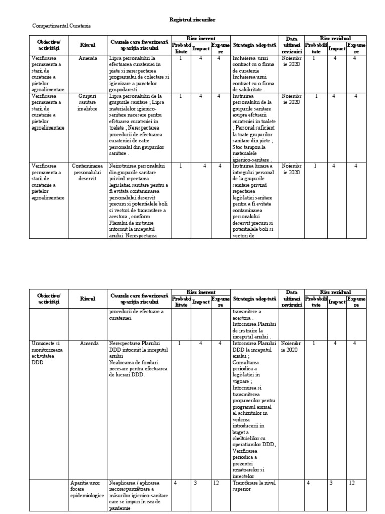 Registrul riscurilor CURATENIE | PDF