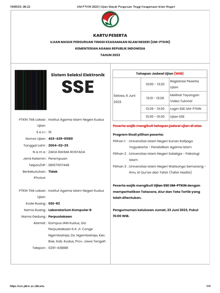 UM-PTKIN 2023 - Ujian Masuk Perguruan Tinggi Keagamaan Islam Negeri | PDF