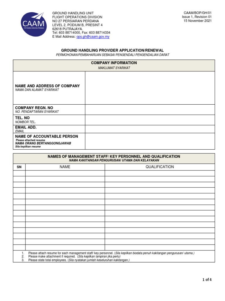 CAAM - BOP - GH - 01 Ground Handling Application Form | PDF