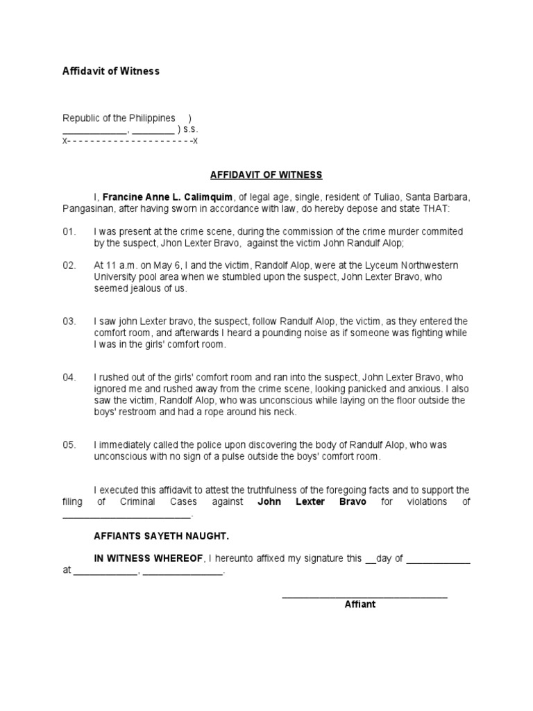 Sample of Affidavit of Witness | PDF