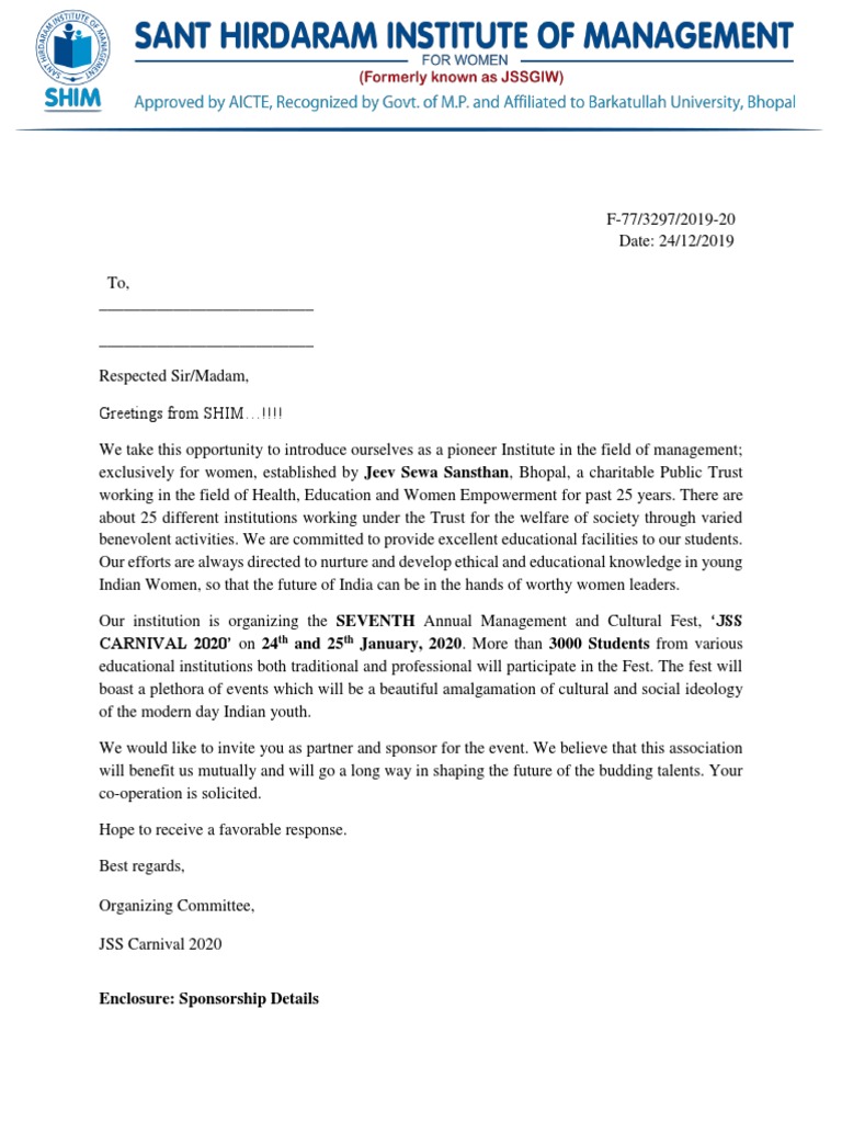 Proposal Letter Final JSS Carnival 2020 | PDF | Communication | Communication Design