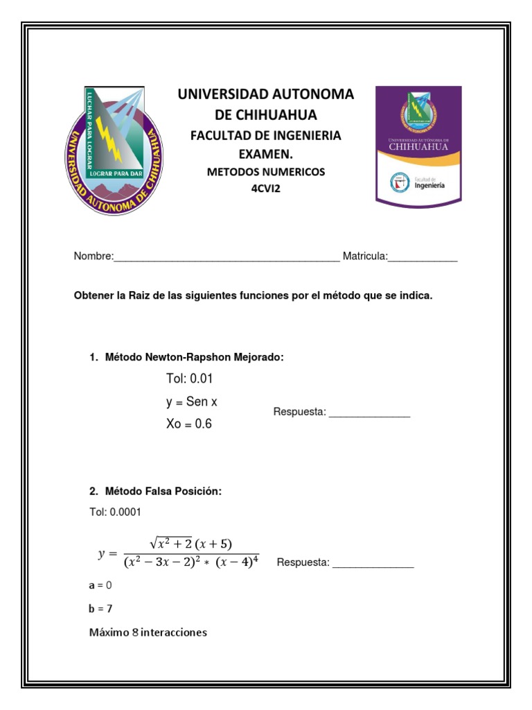 EXAMEN METODOS NUMERICOS. 4CV1 Raices | PDF
