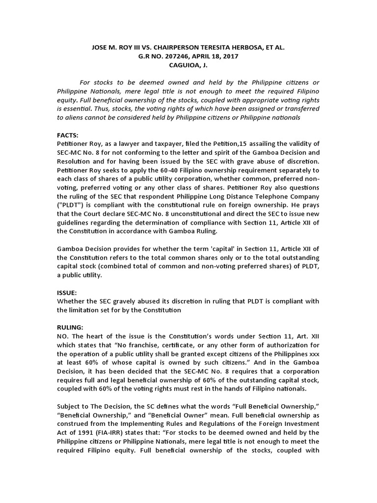 Determining Beneficial Ownership: The Jose M. Roy III vs. Chairperson ...