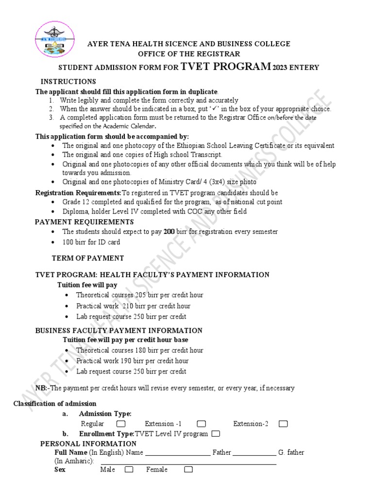 2023 TVET Regestration Format - Copy-1 | PDF | Course Credit ...
