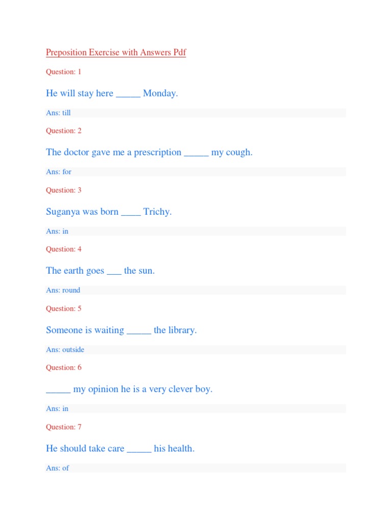 Preposition Exercise Answers | PDF