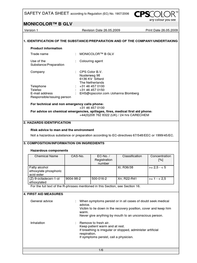 Monicolor™ B GLV: Safety Data Sheet | PDF | Carbon Dioxide | Dangerous ...