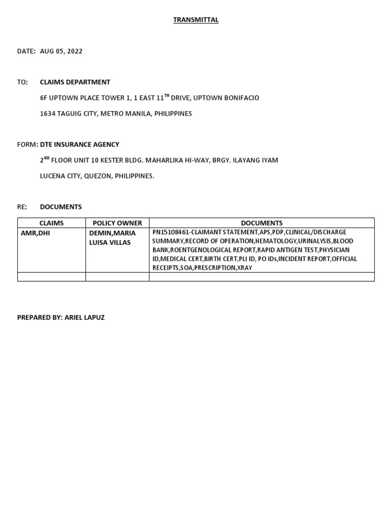 Claims Department (Transmittal) | PDF