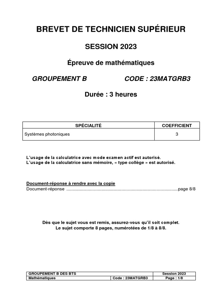 BTS 2023 Mathématiques Groupe B3 | PDF | Fonction (Mathématiques) | Limite (mathématiques)