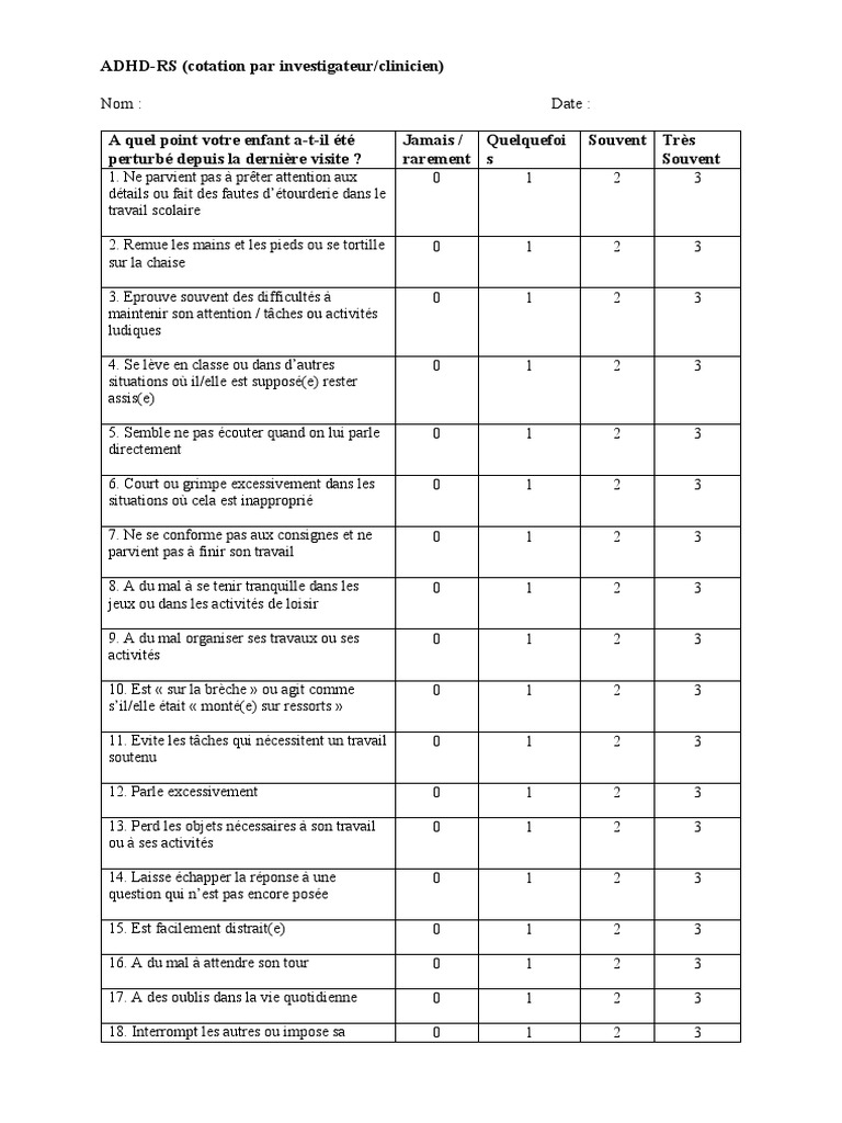 Échelle d'Évaluation ADHD-RS pour Enfants | PDF