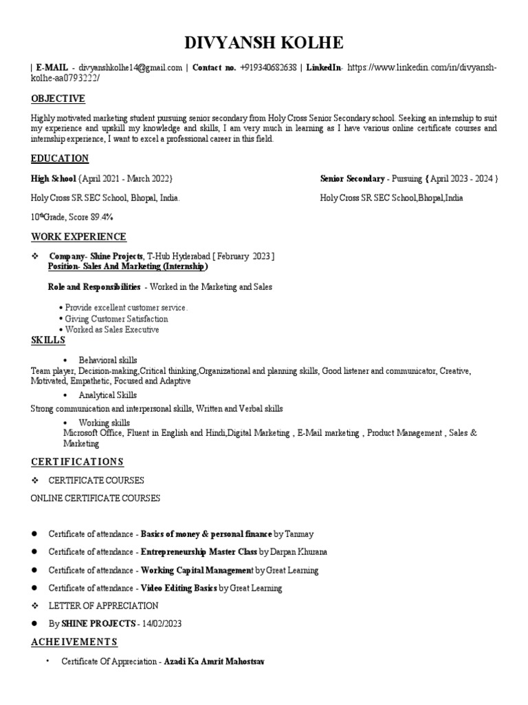 Resume-Divyansh Kolhe | PDF | Cognition