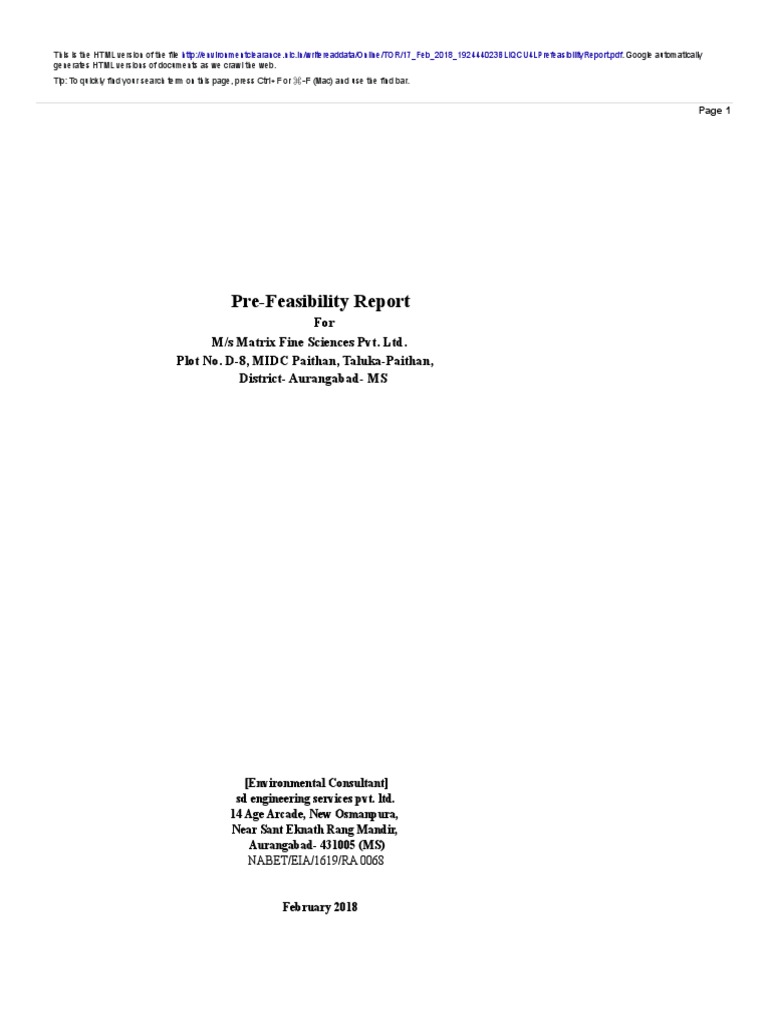 Pre-Feasibility Report: Matrix Fine Sciences Expansion | PDF | Chemical ...