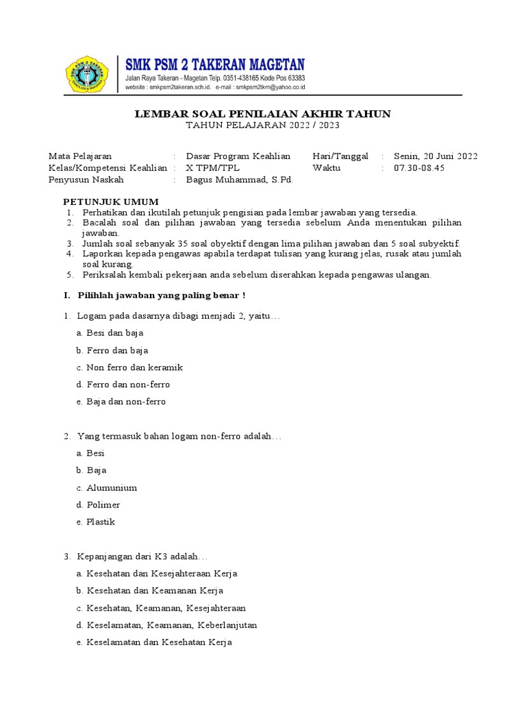 Soal PAS DPK X TPM TPL | PDF