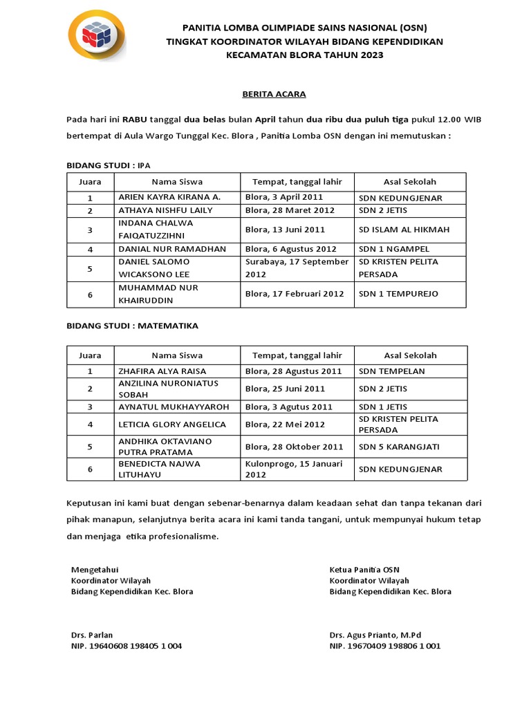 Hasil OSN 2023 Kec Blora | PDF