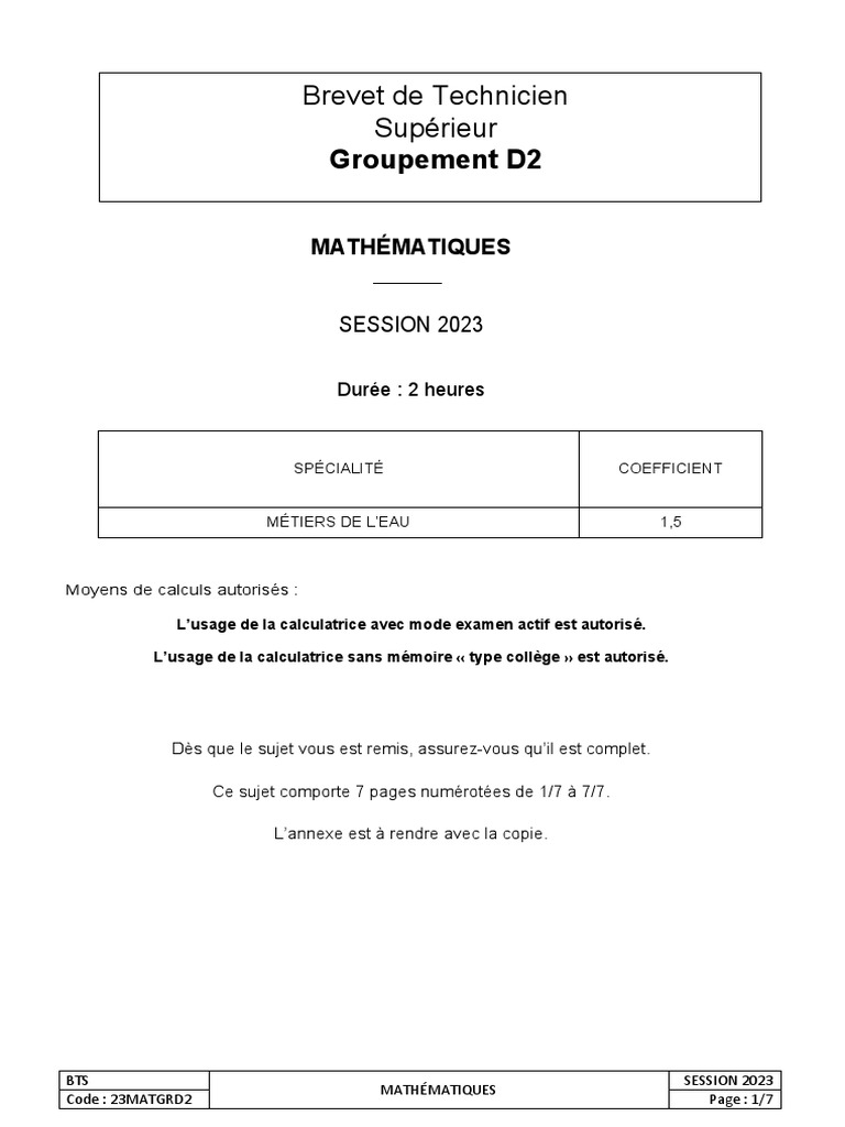 BTS 2023 Mathématiques Groupe D2 | PDF | Blé | Probabilité