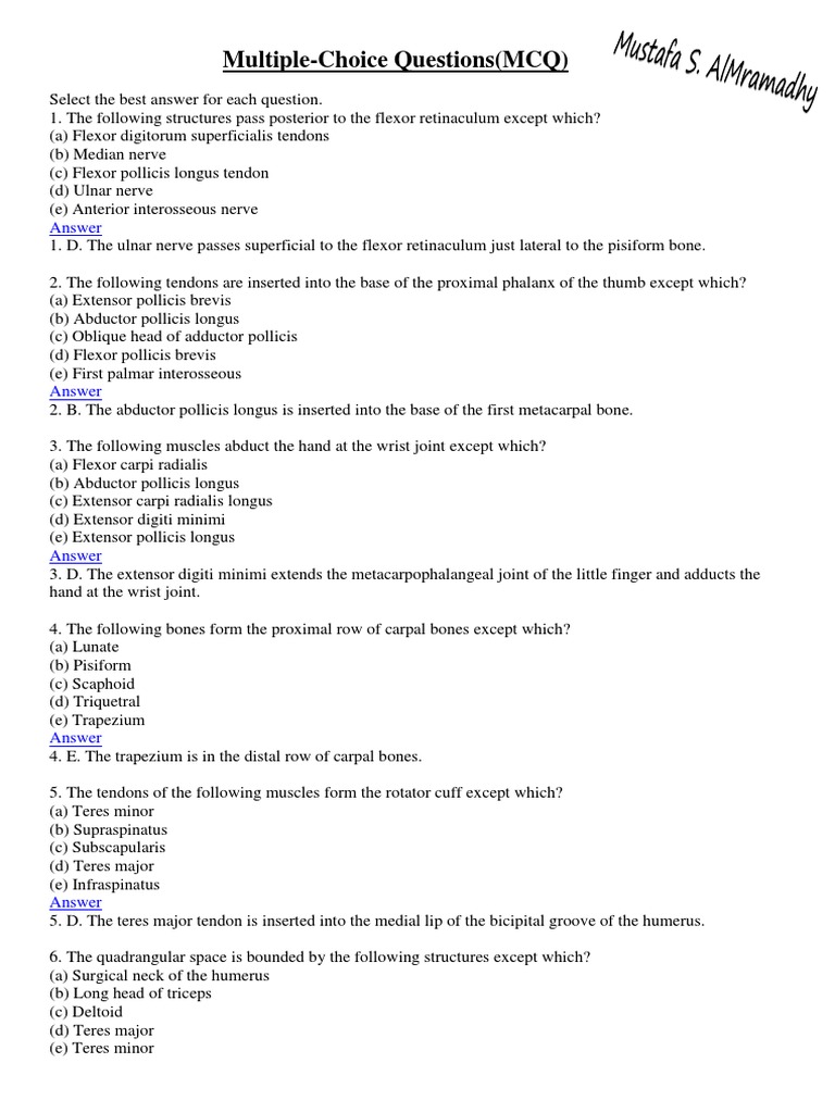 Upper Limb Anatomy MCQs and Answers | PDF | Thumb | Arm