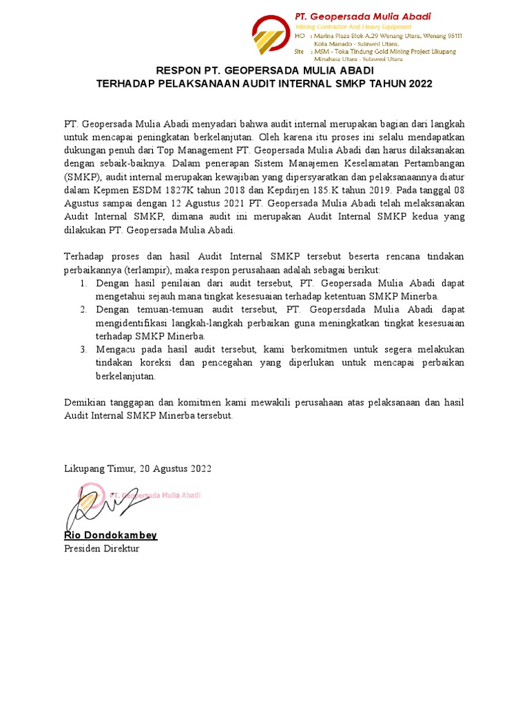 Respon PT GMA Terhadap Audit Internal SMKP | PDF
