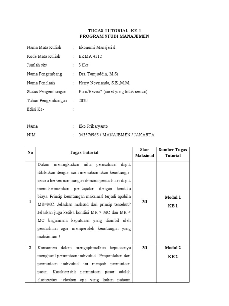 Ekonomi Manajerial Tugas 1 | PDF