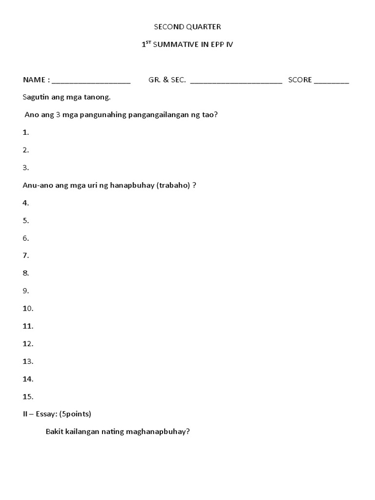 SECOND QUARTER summative test in Fil & EPP | PDF