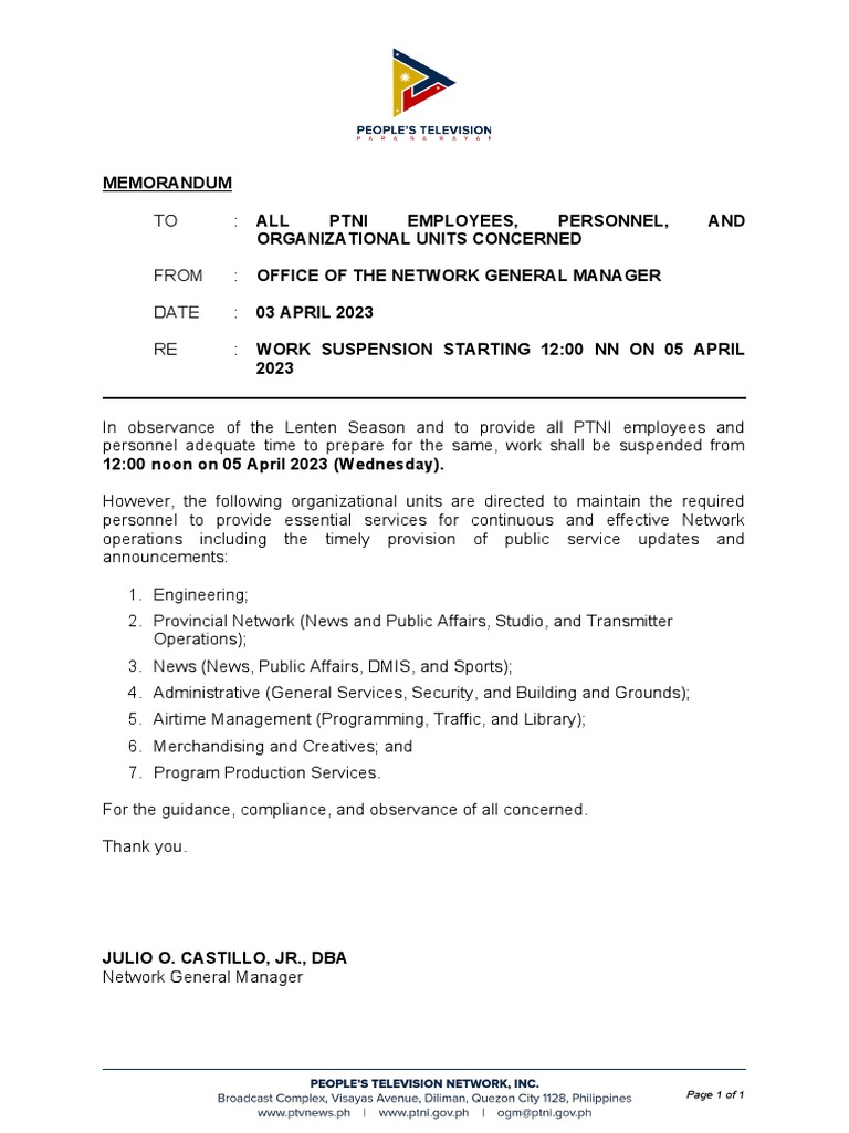 Memo Re: Half Day Work On 05 April 2023 | PDF