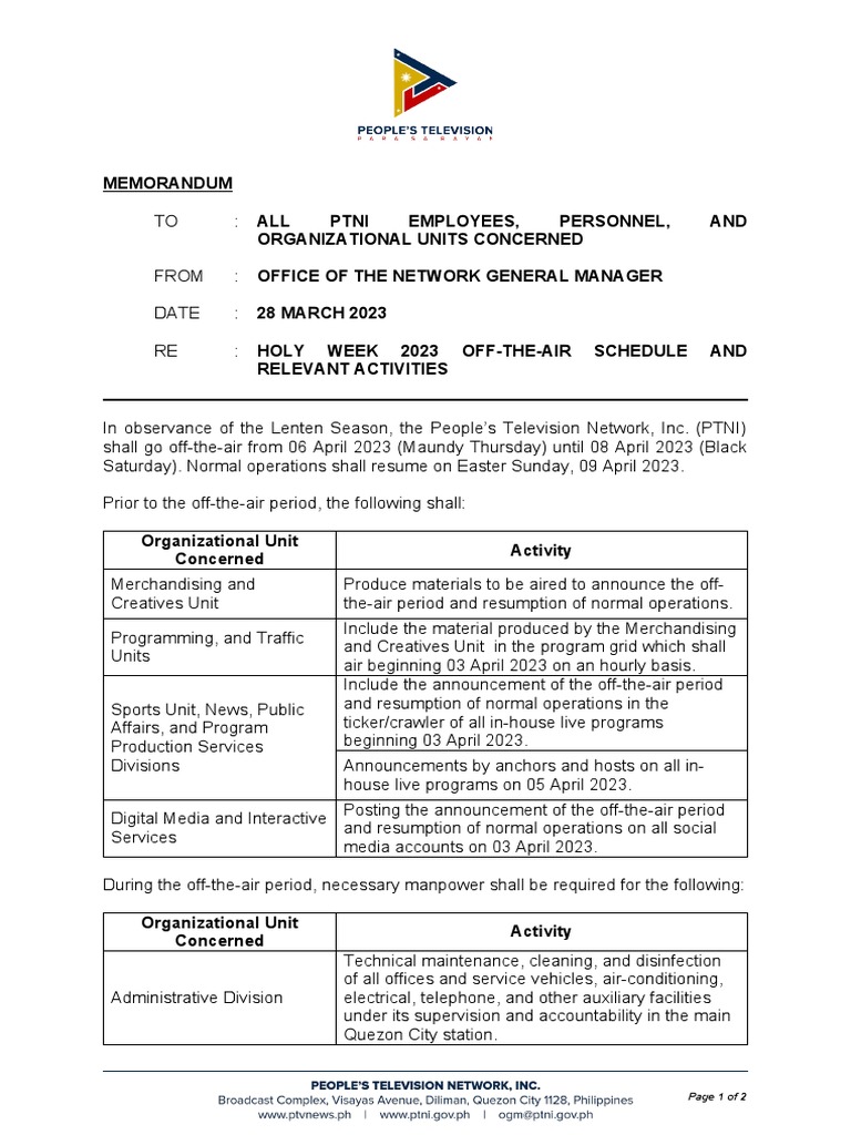 Memo Re: Holy Week 2023 Off-Air | PDF