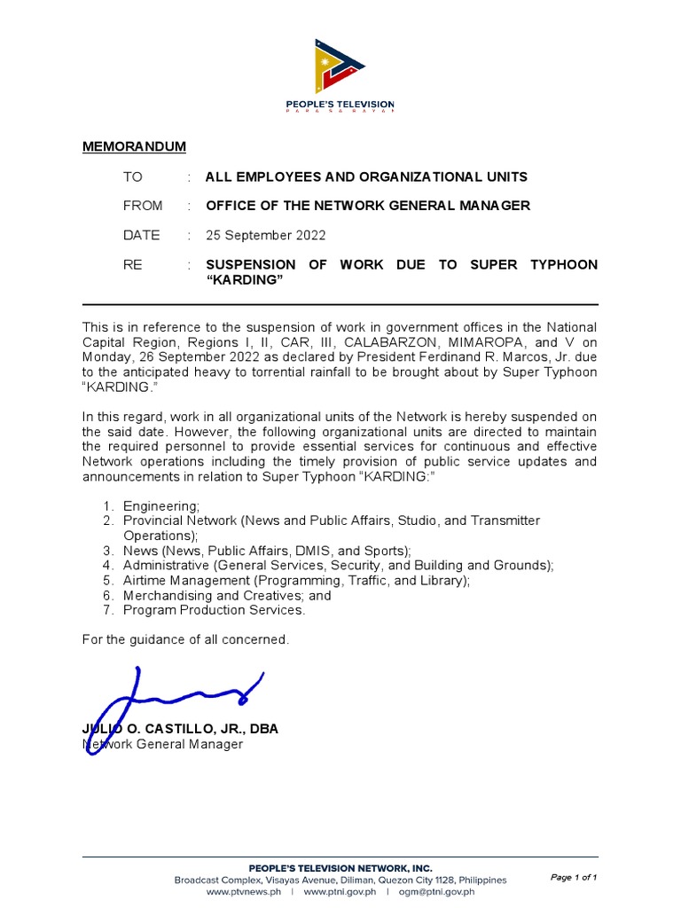 Memo Re: Suspension of Work | PDF