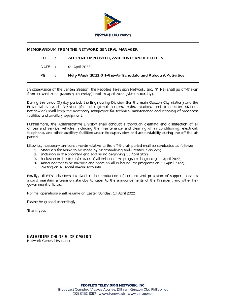 Memo Re: Off-The-Air Schedule For Holy Week 2022 | PDF