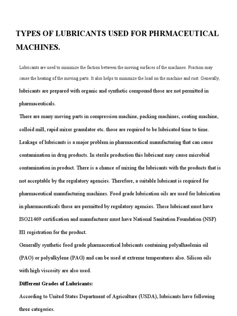 Lubricants for Pharmaceutical Machines | PDF | Lubricant | Oil