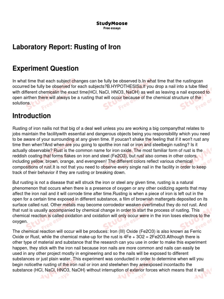 Laboratory Report Rusting of Iron | PDF | Rust | Hydrochloric Acid